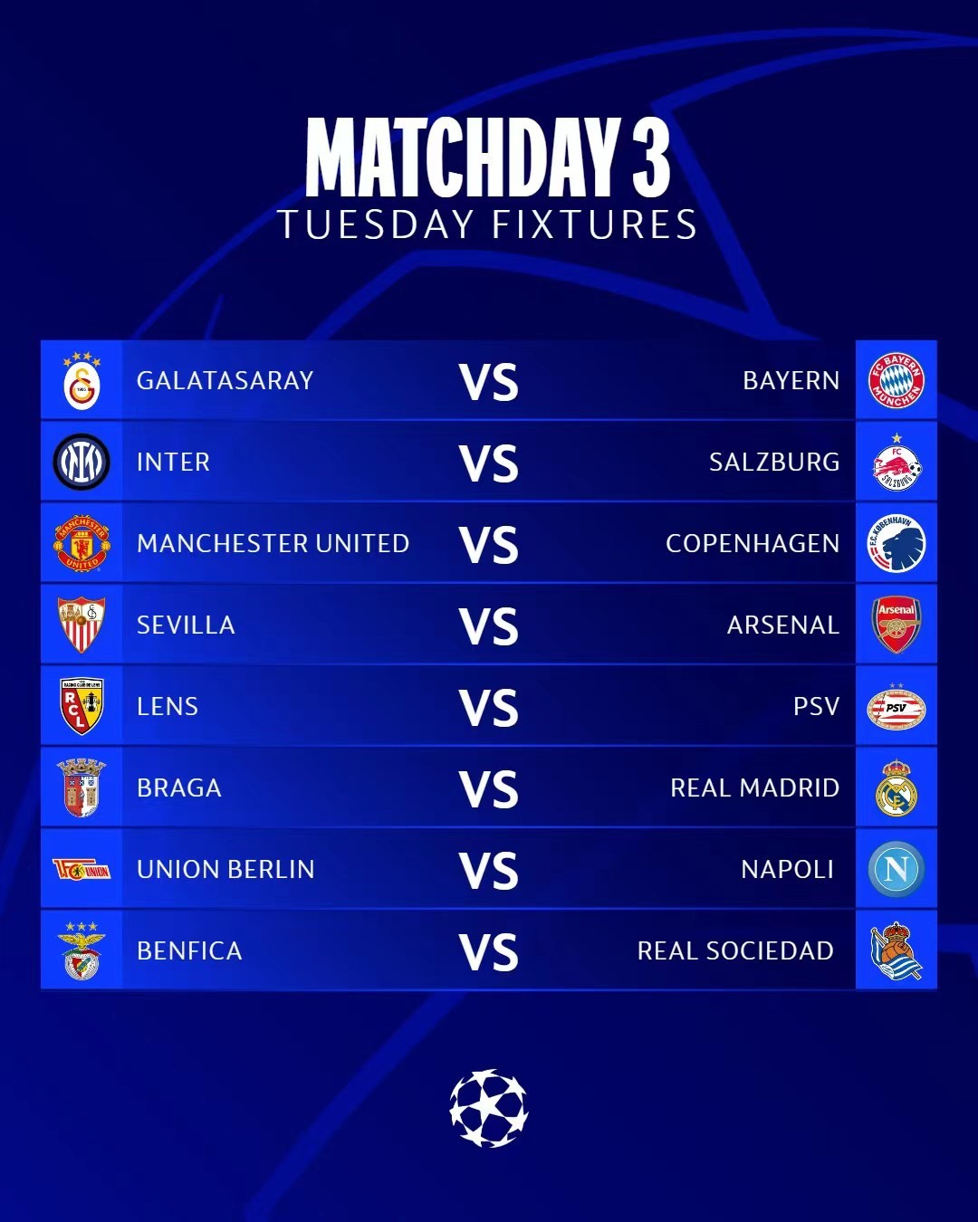 UCL Round 3 Fixtures: Sevilla meet Arsenal, Man Utd, Bayern & Real Madrid play — All Football App